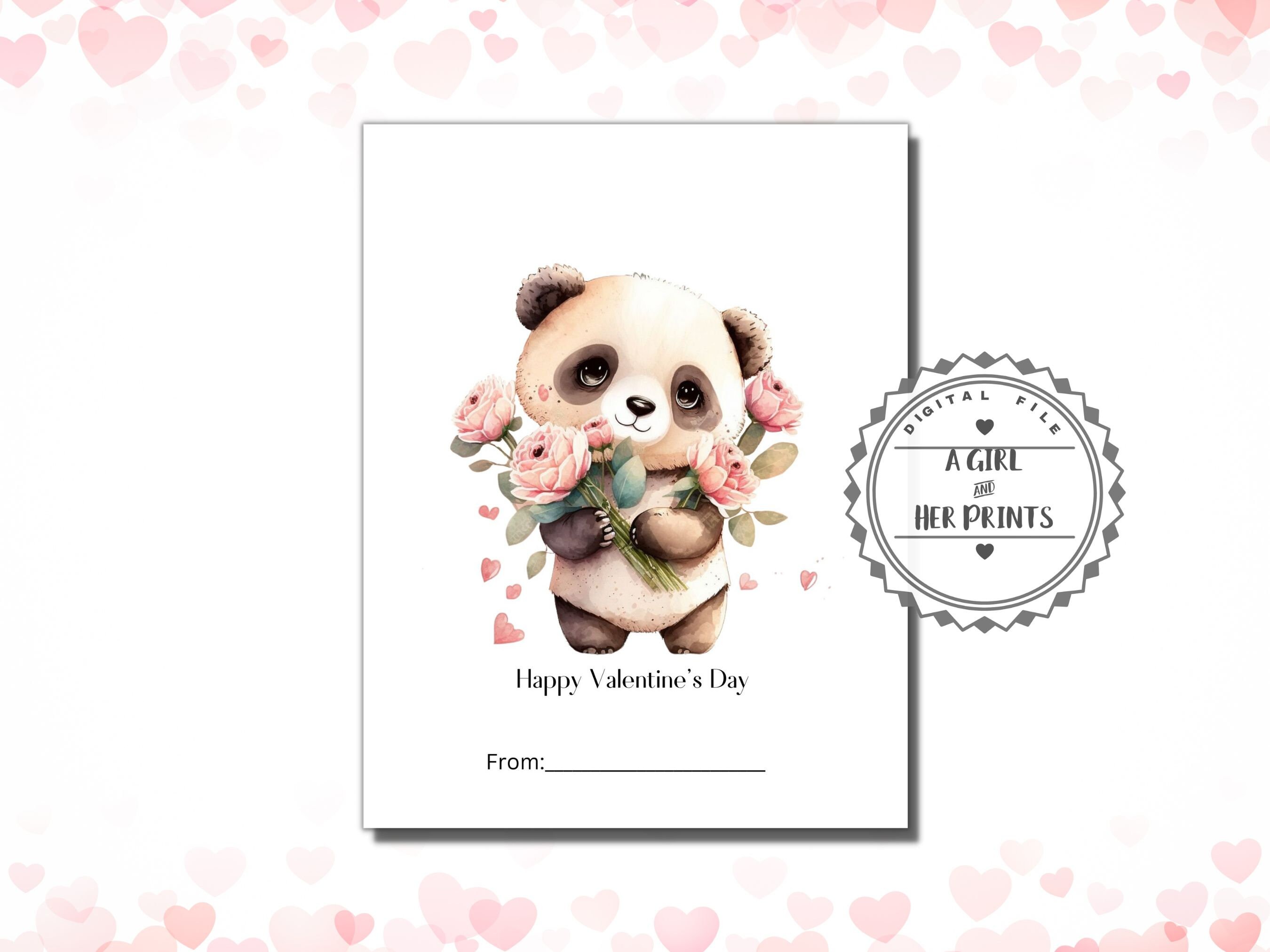 KIDS VALENTINE'S CARDS Cute Classroom Workplace Panda Hearts Flowers ...