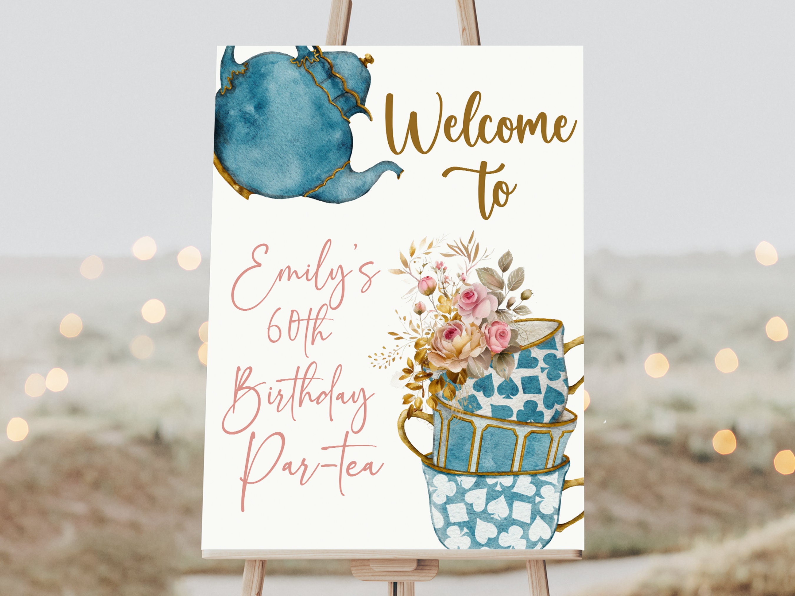 EDITABLE Birthday Tea Party Welcome Sign Par-tea Poster Blue Gold ...