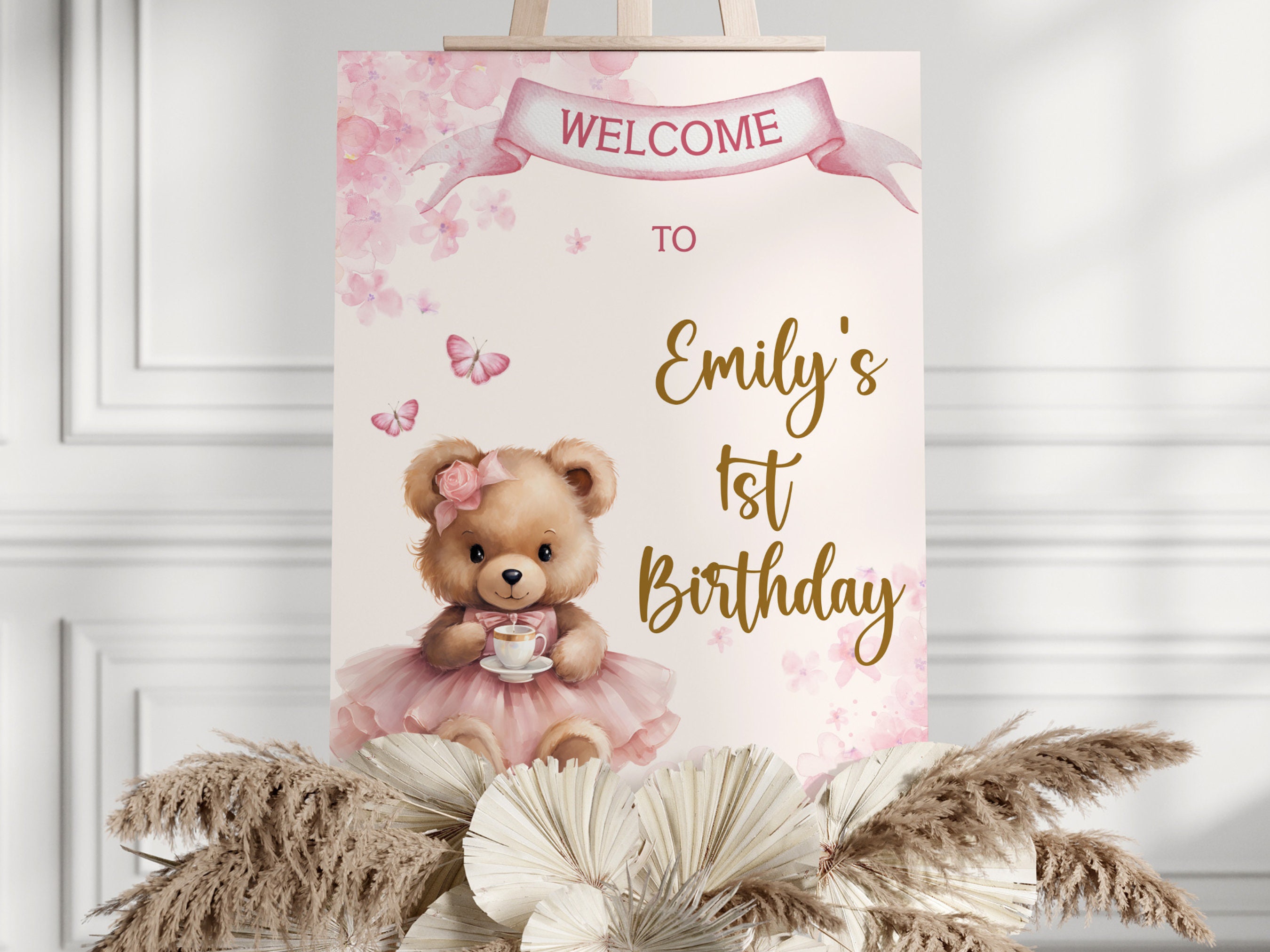 EDITABLE Teddy Bear Tutu Birthday Tea Party Welcome Sign Girl First Par ...