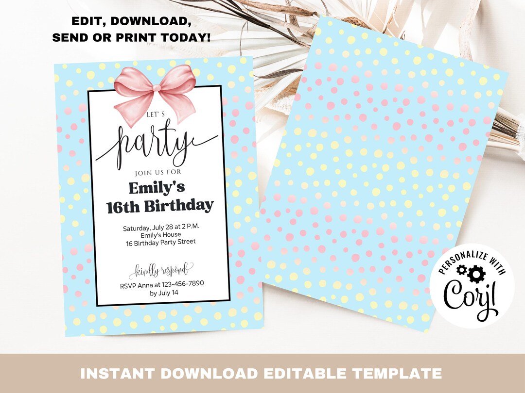 Rainbow Polka Dot Party Invitation: Pink Bow, Editable Corjl Template ...