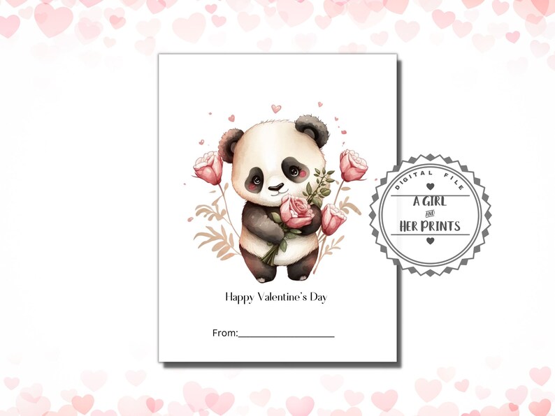 KIDS VALENTINE'S CARDS Cute Classroom Workplace Panda Hearts Flowers ...