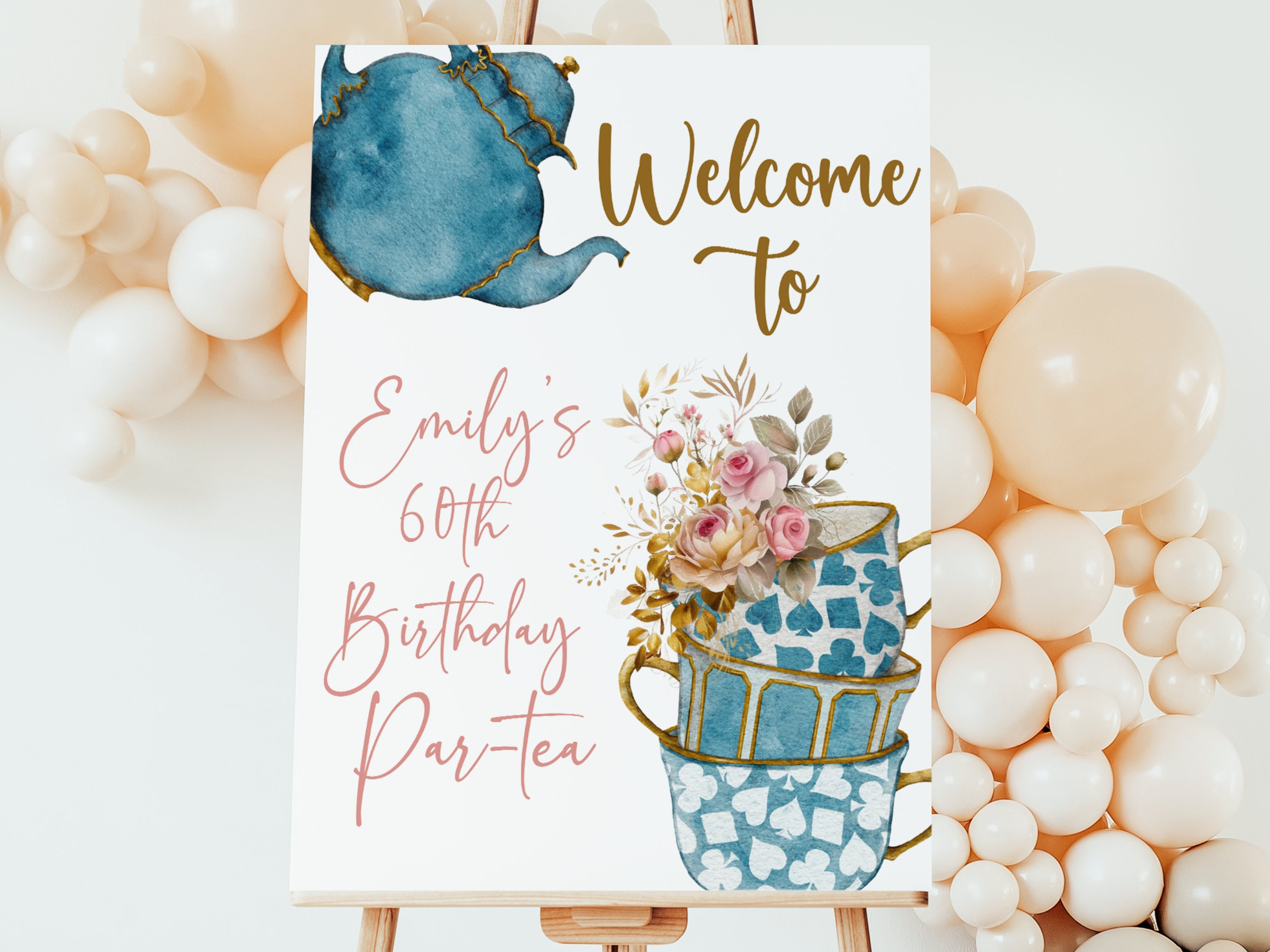 EDITABLE Birthday Tea Party Welcome Sign Par-tea Poster Blue Gold ...
