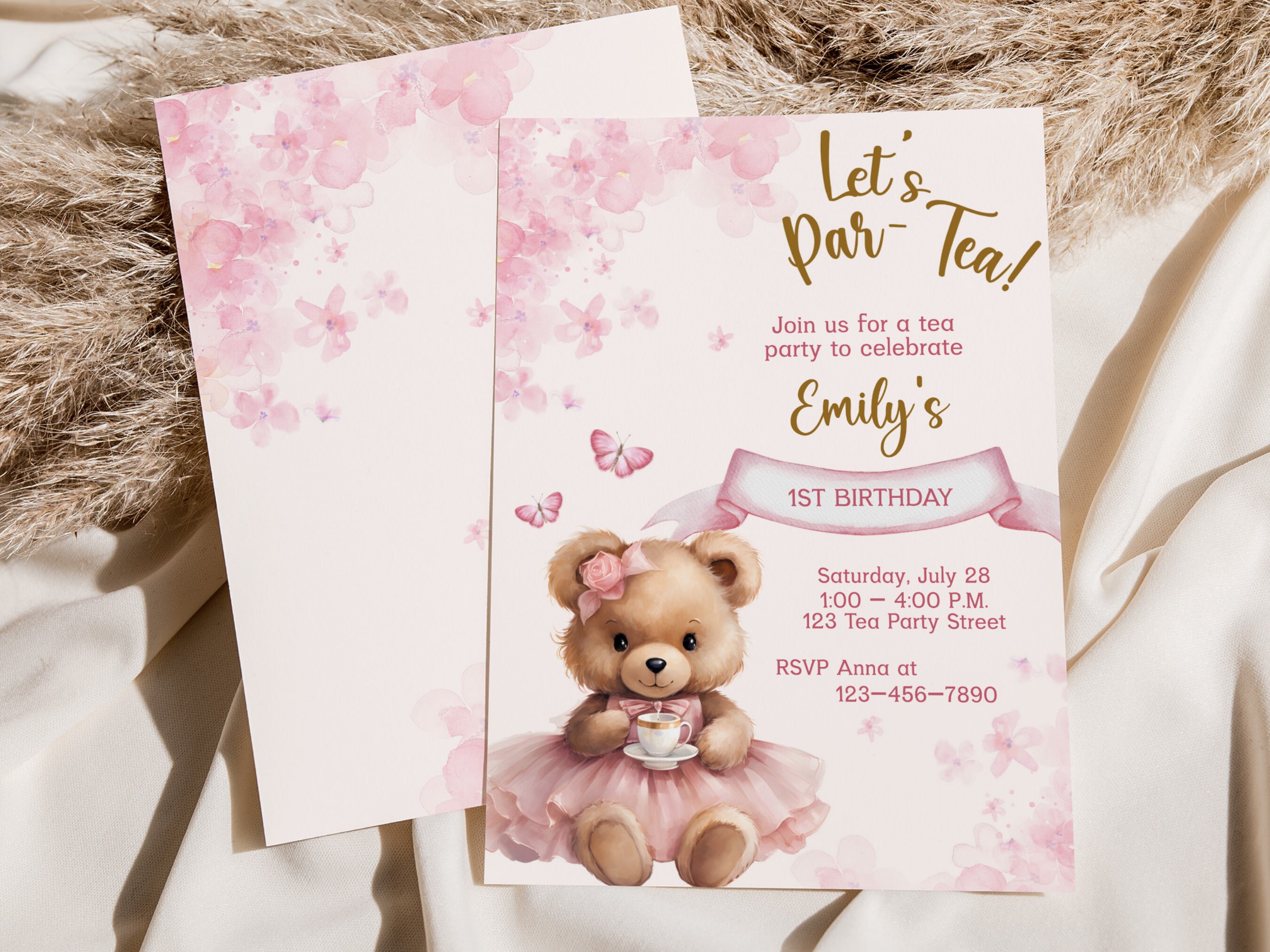 Teddy Bear Tea Party Birthday Invitation: Pink & Gold Floral (EDITABLE ...