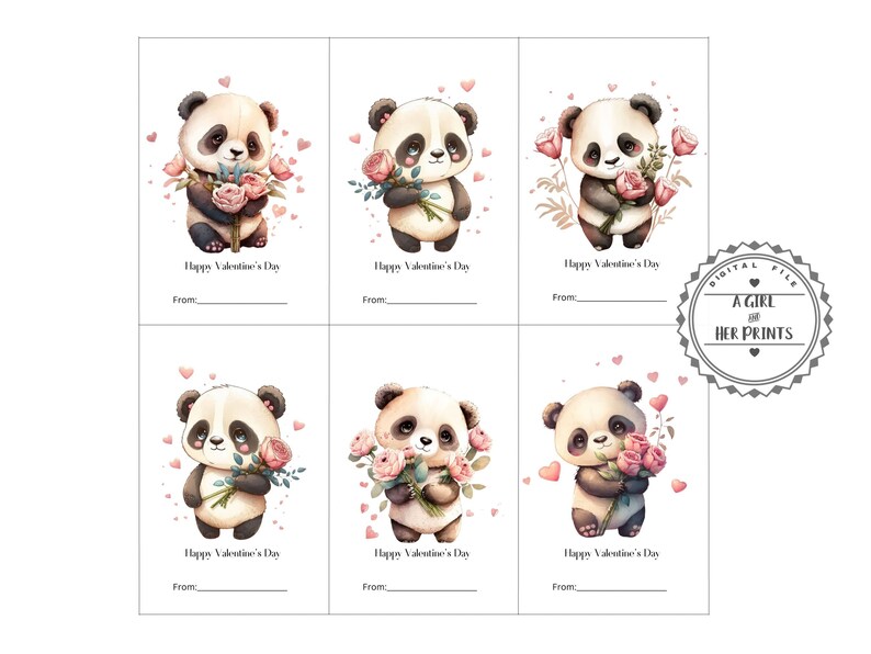 KIDS VALENTINE'S CARDS Cute Classroom Workplace Panda Hearts Flowers ...