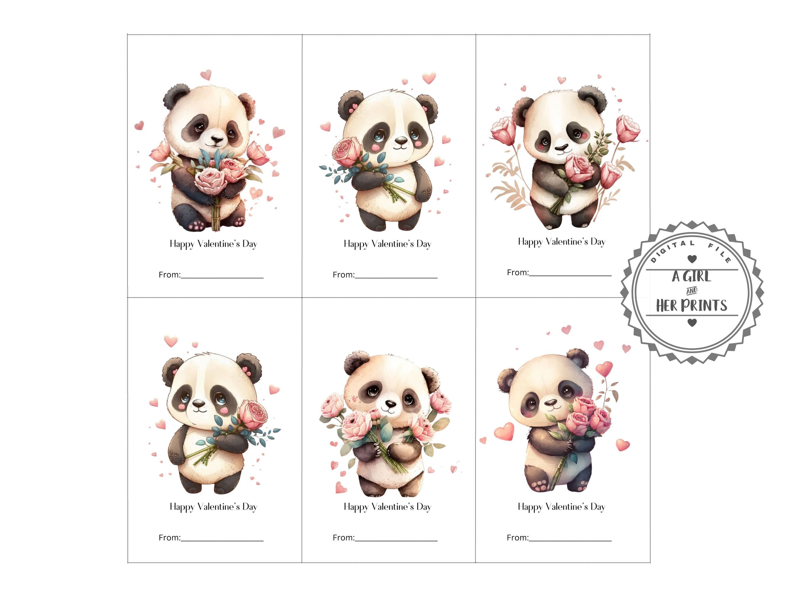 KIDS VALENTINE'S CARDS Cute Classroom Workplace Panda Hearts Flowers ...