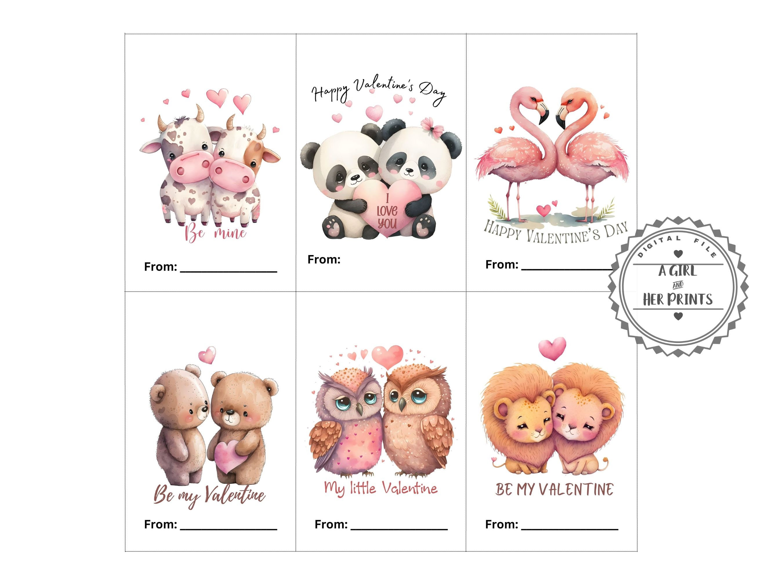 KIDS VALENTINE'S CARDS Cute Classroom Cow Panda Flamingo Bear Owl Lion ...