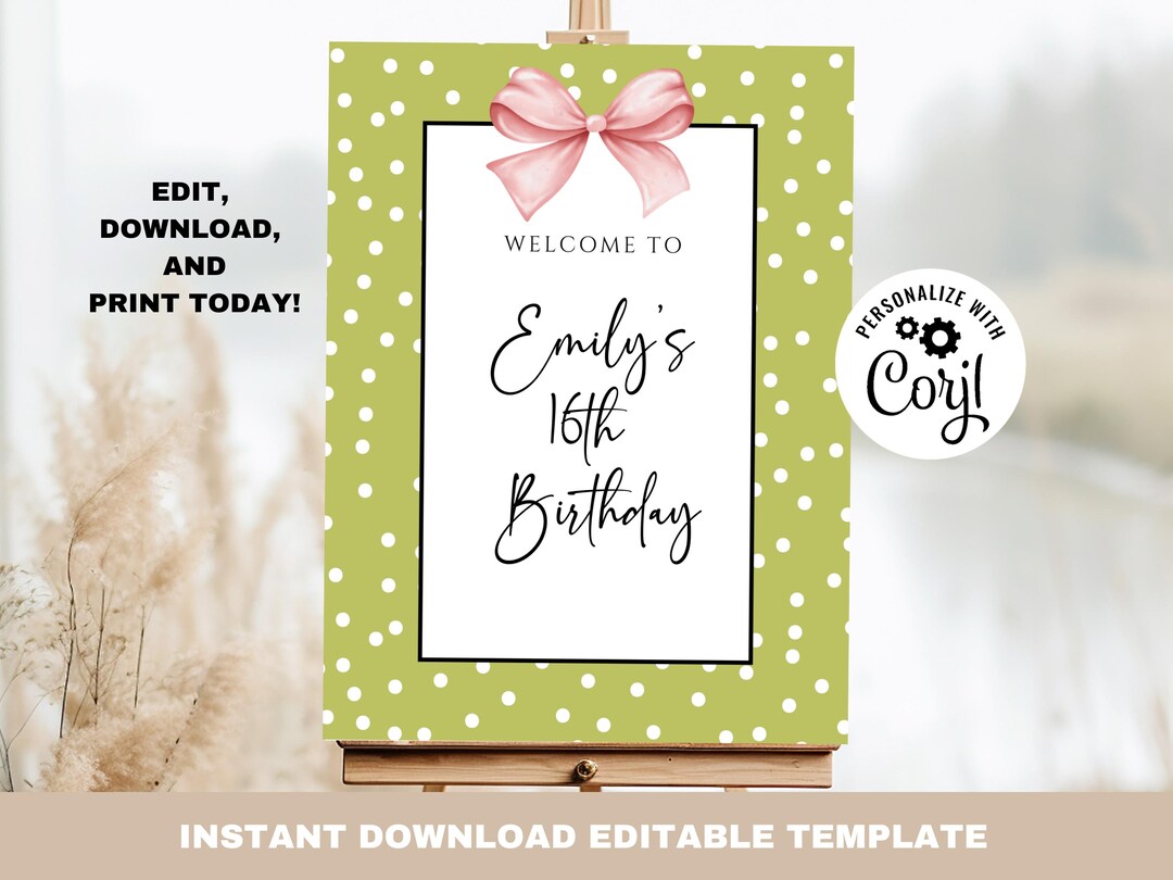 Polka Dot Birthday Welcome Sign: Lime Green, Pink Bow (corjl Editable ...