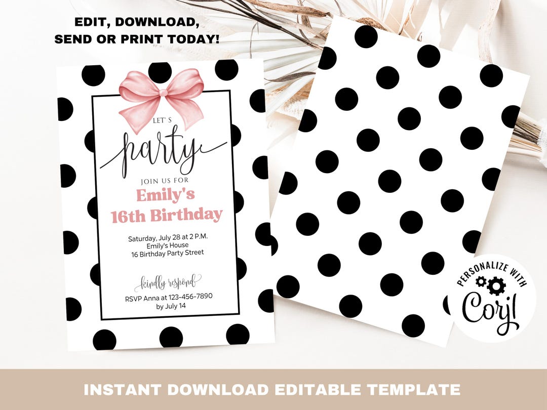 Editable Black Polka Dot Party Invitation | Sophisticated Chic Invite ...