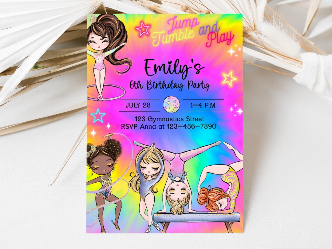 Gymnastics Fun Birthday Invitation, Jump, Tumble, and Play, Watercolor ...