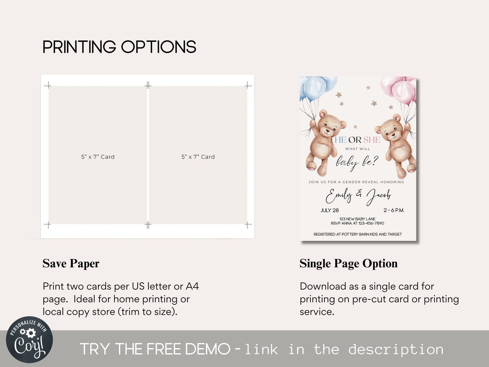 Boho Teddy Bear Gender Reveal Invitation: Pink & Blue Balloons (digital ...