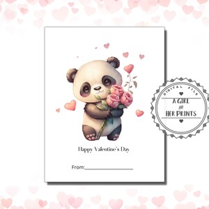 KIDS VALENTINE'S CARDS Cute Classroom Workplace Panda Hearts Flowers ...