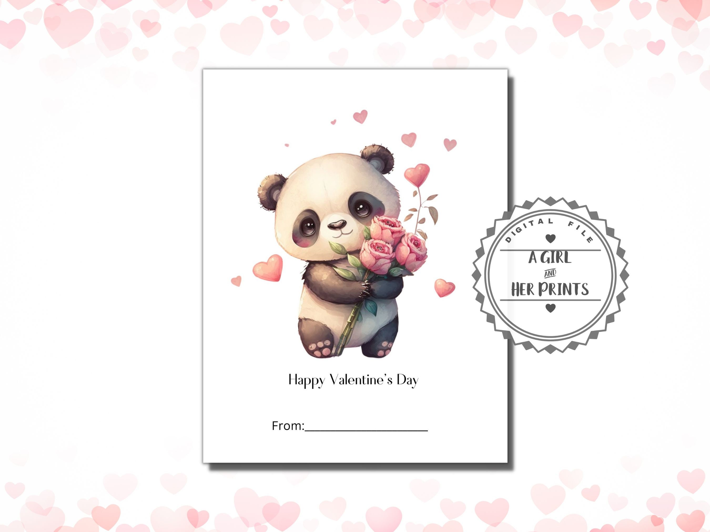 KIDS VALENTINE'S CARDS Cute Classroom Workplace Panda Hearts Flowers ...