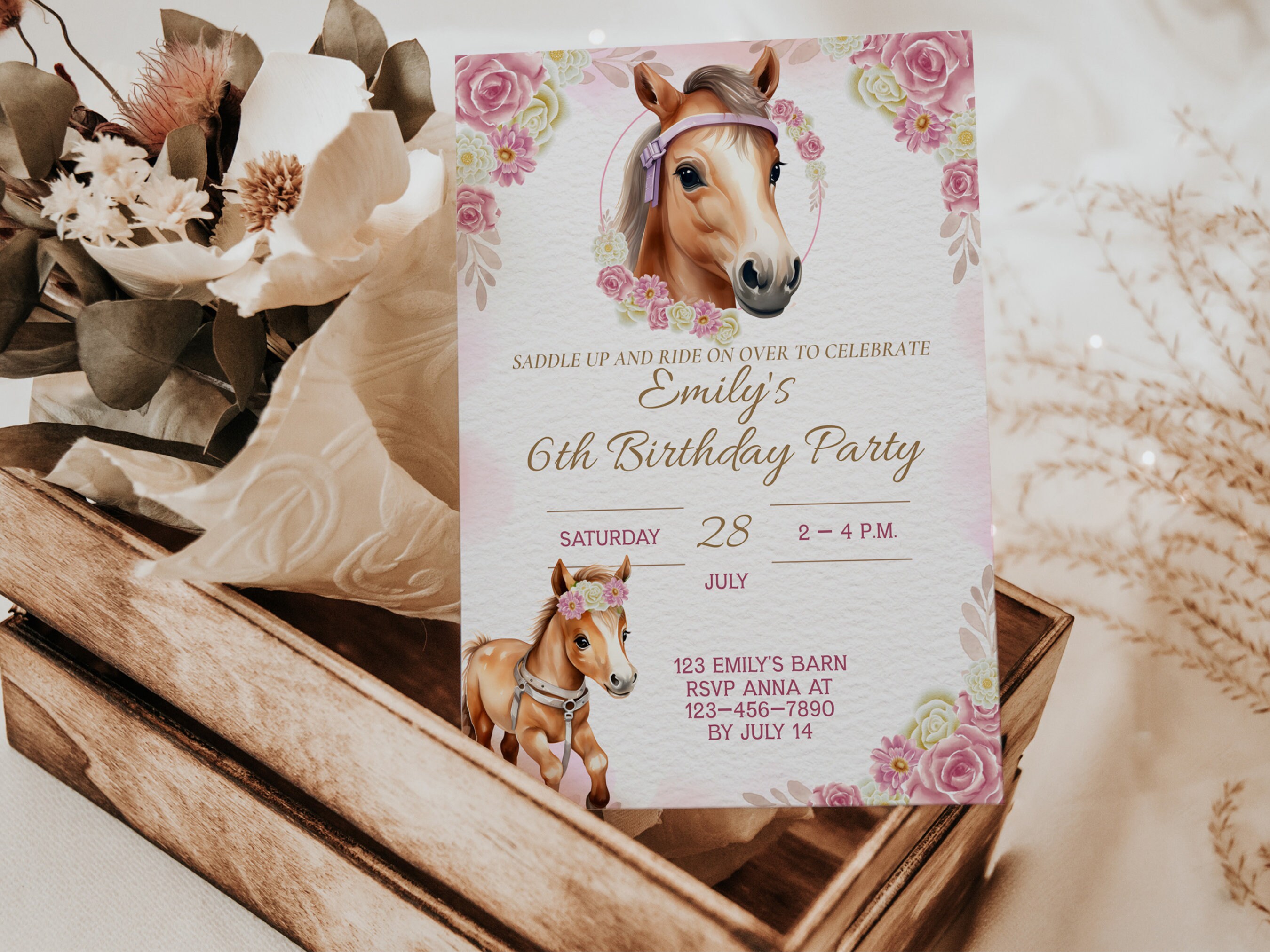 Editable Horse Birthday Invitation Girl Saddle up Watercolor Cowgirl ...