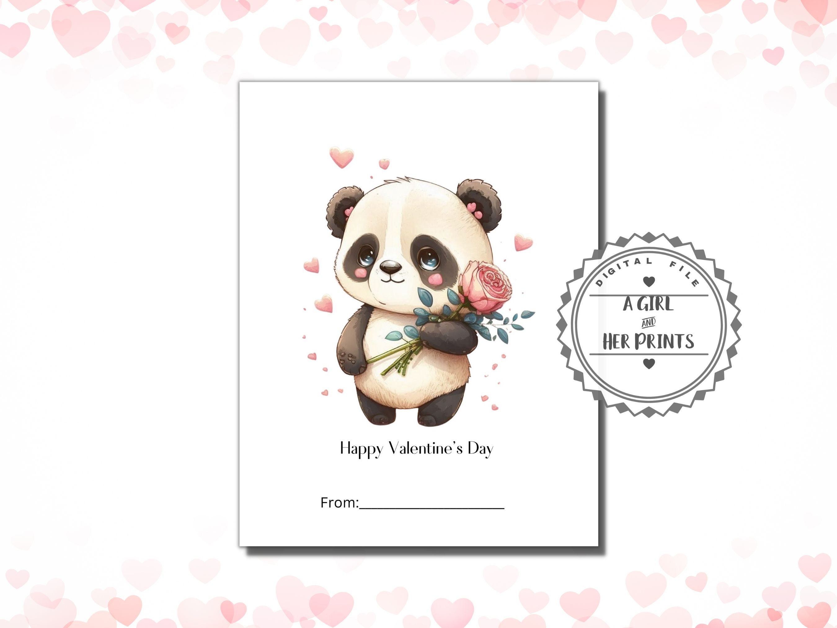 KIDS VALENTINE'S CARDS Cute Classroom Workplace Panda Hearts Flowers ...