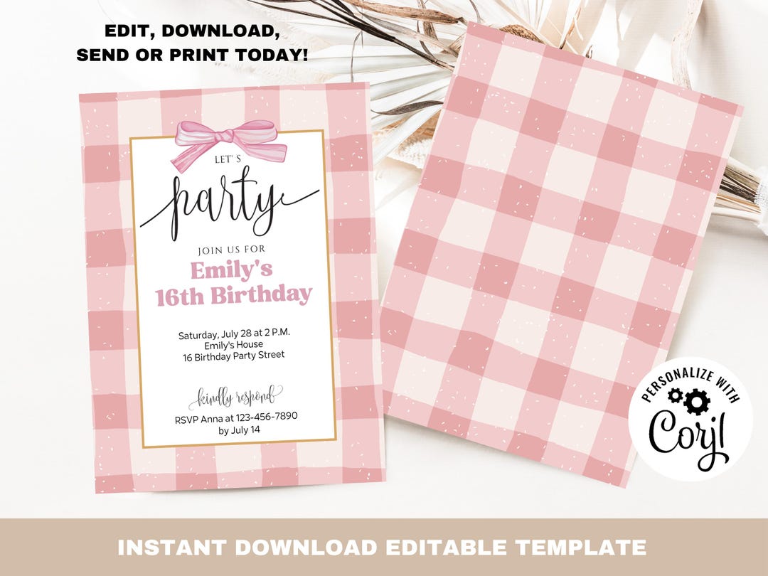Editable Pink Gingham Checkered Invitation | Rustic Farmhouse Coquette ...