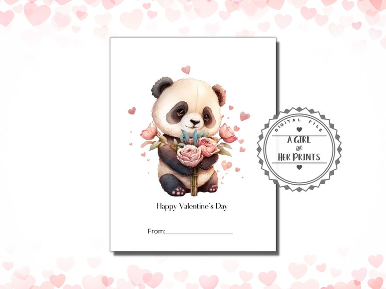 KIDS VALENTINE'S CARDS Cute Classroom Workplace Panda Hearts Flowers ...