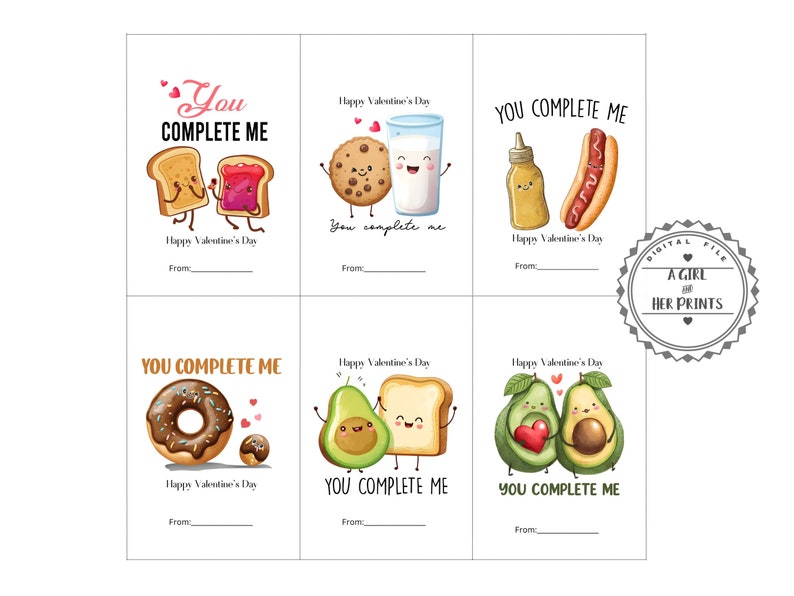 KIDS VALENTINE'S CARDS Cute Classroom Workplace Food Complete Me Peanut ...