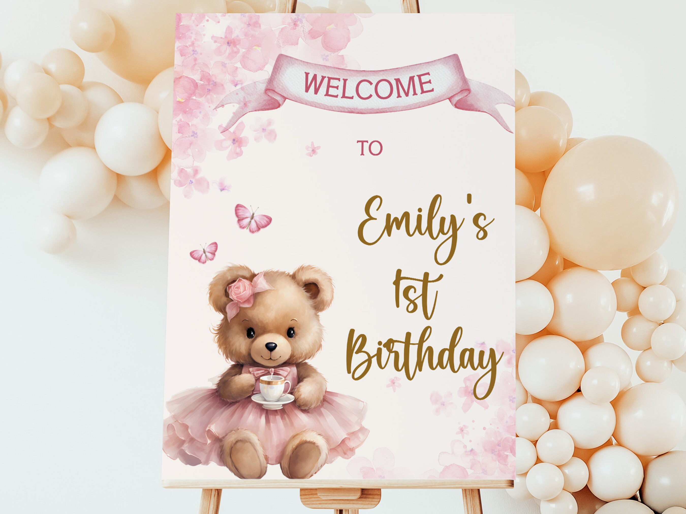 EDITABLE Teddy Bear Tutu Birthday Tea Party Welcome Sign Girl First Par ...
