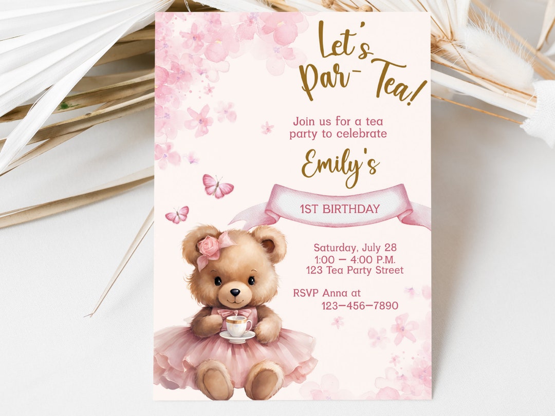 Teddy Bear Tea Party Birthday Invitation: Pink & Gold Floral (EDITABLE ...