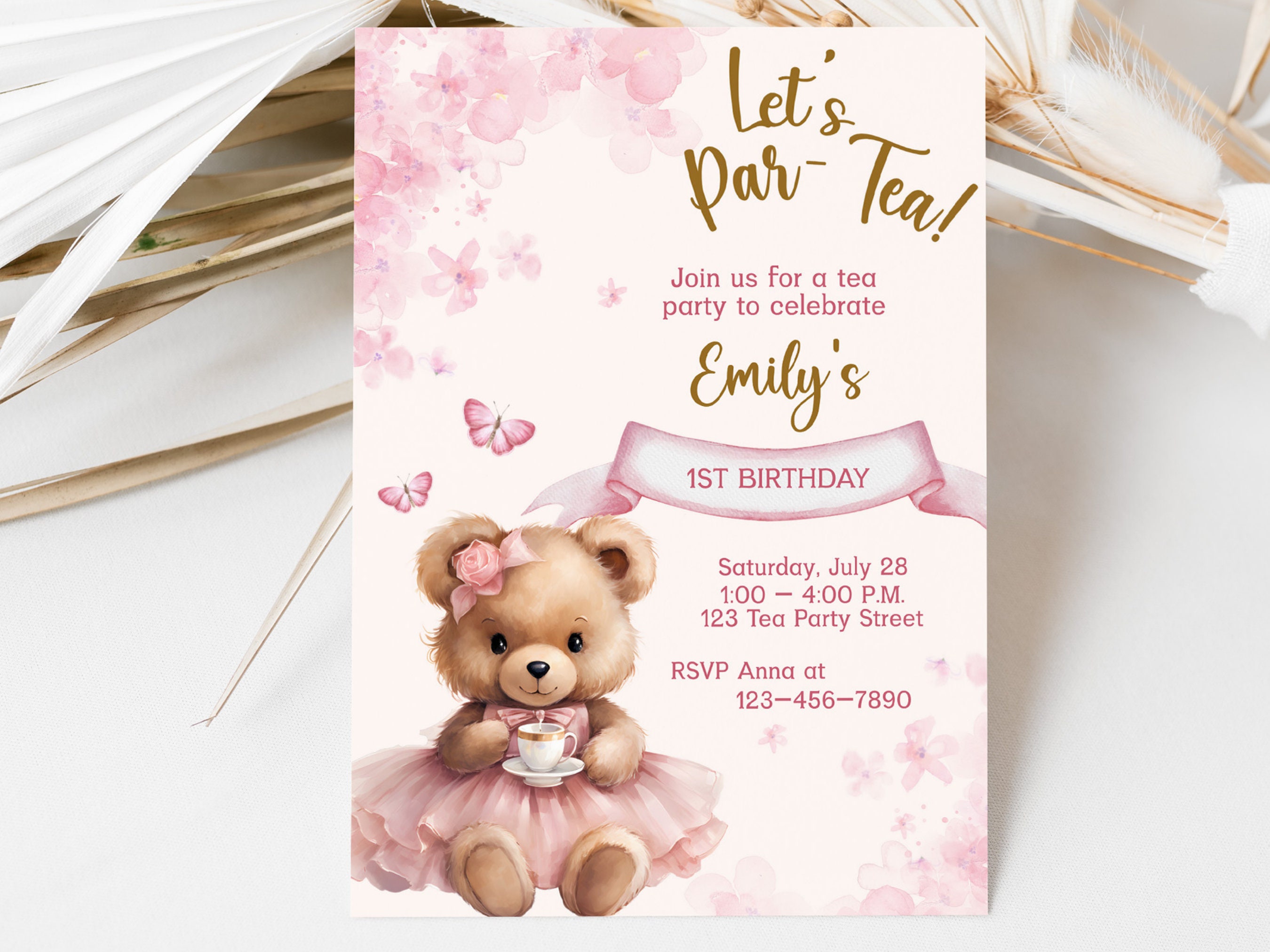 Teddy Bear Tea Party Birthday Invitation: Pink & Gold Floral (EDITABLE ...
