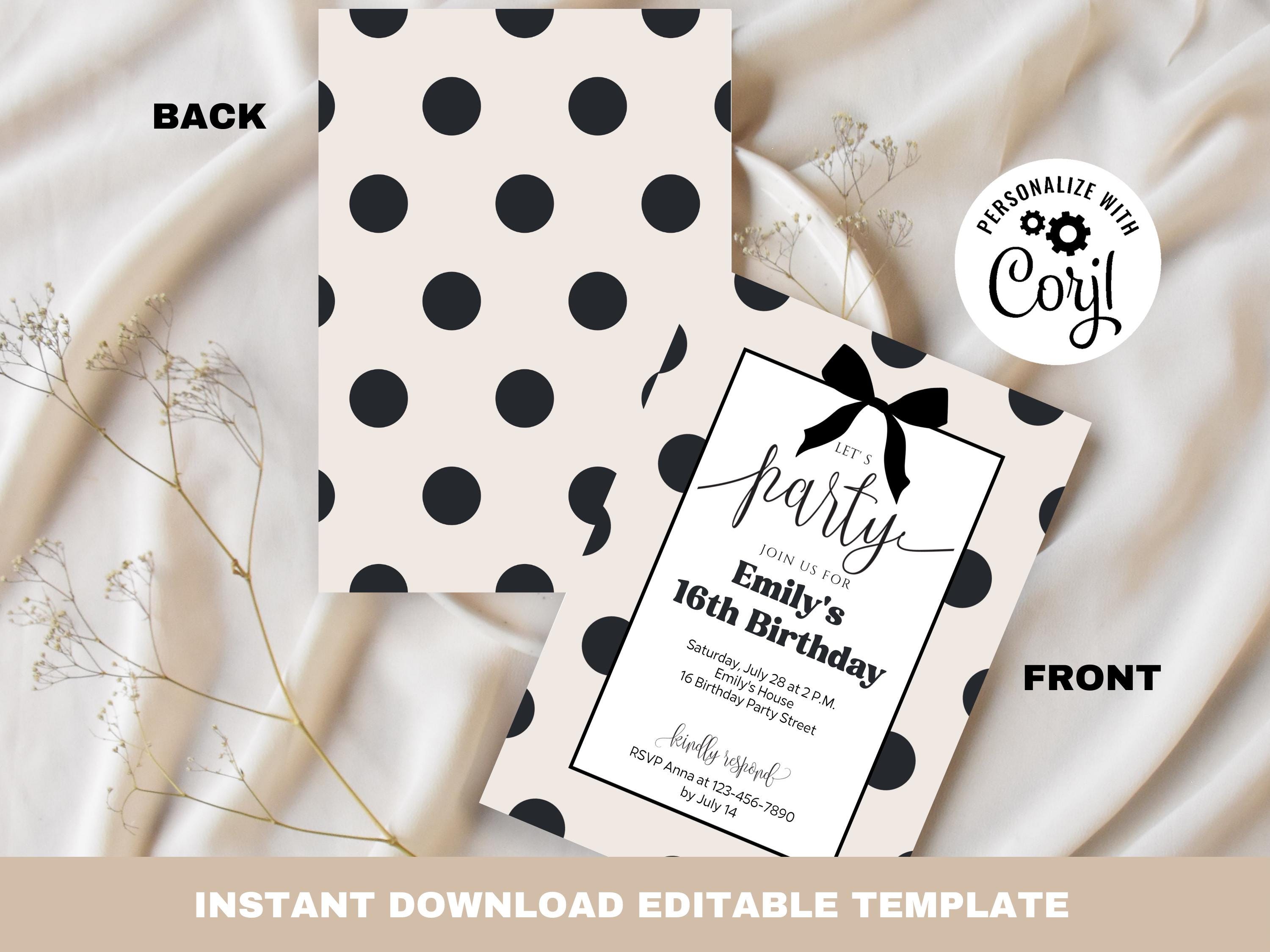 Editable Black Polka Dot Party Invitation | Sophisticated Chic Invite ...