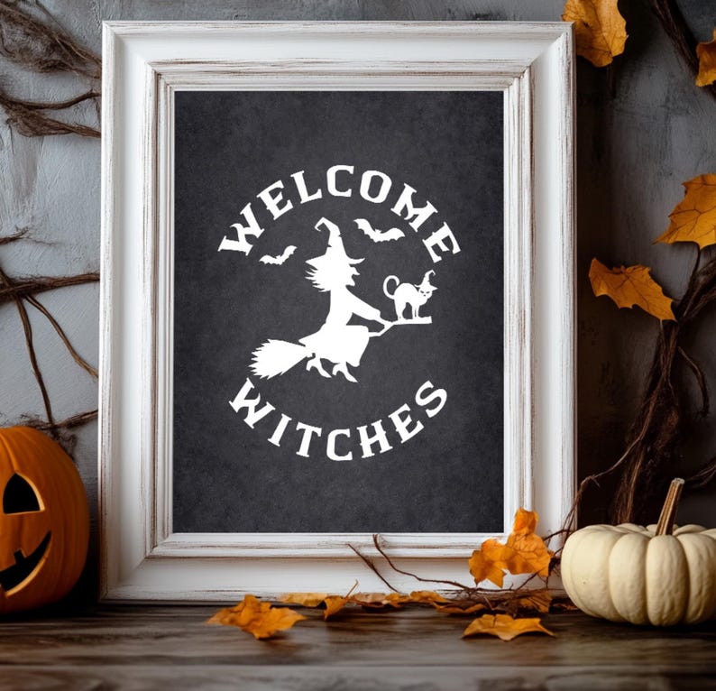 Welcome Witches Halloween Print: Chalkboard Witch & Cat (digital ...