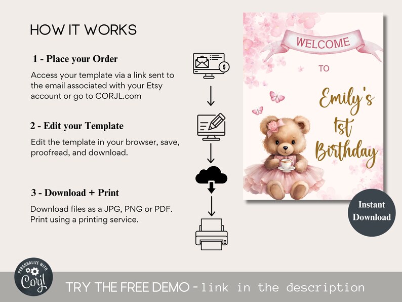 EDITABLE Teddy Bear Tutu Birthday Tea Party Welcome Sign Girl First Par ...