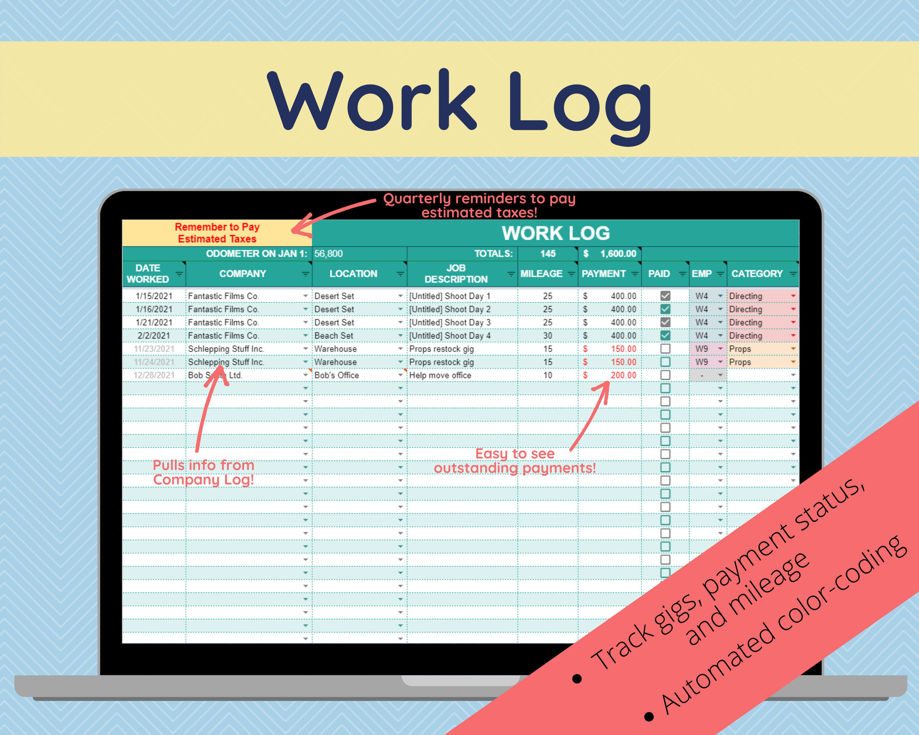 Google Sheets | Gig Work & Mileage Log - Etsy