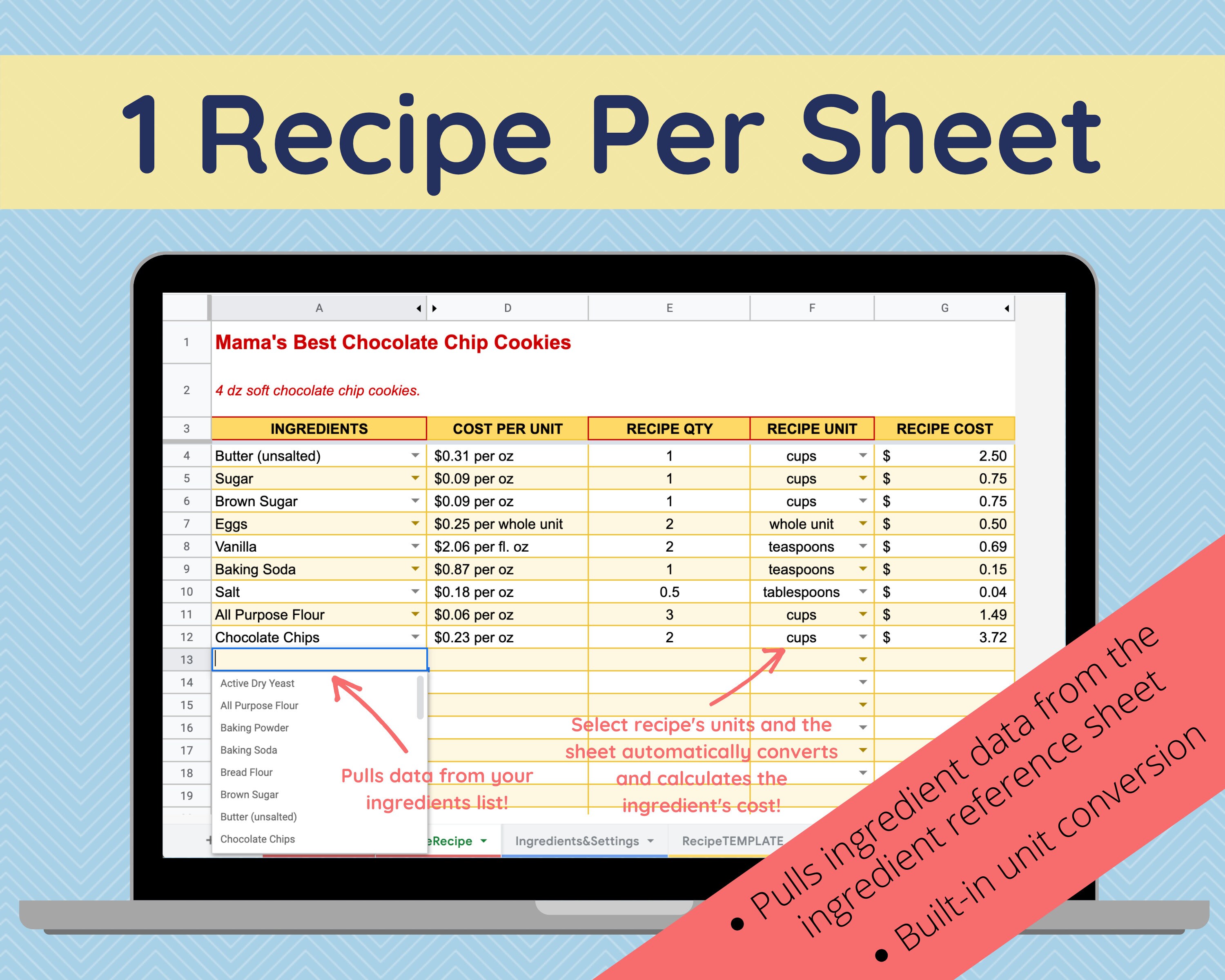Google Sheets | Recipe/baked Goods Cost Calculator | Profit Margin ...