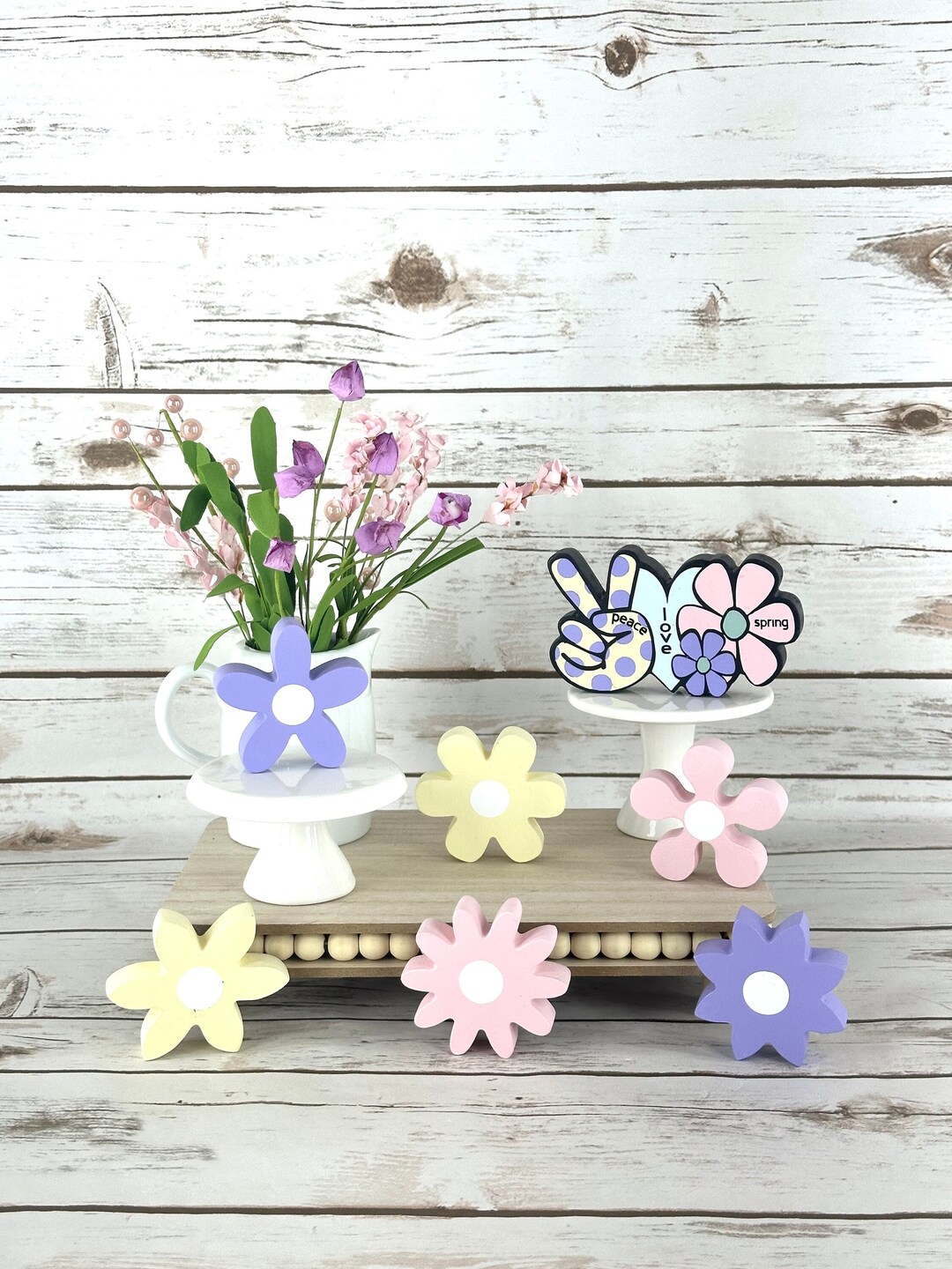 Spring Tiered Tray Decor, Spring Flowers, Wooden Flowers, Spring Sign ...
