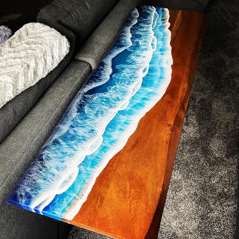 Epoxy Resin Ocean Waves Live Edge Coffee Table Bench Entryway Table ...