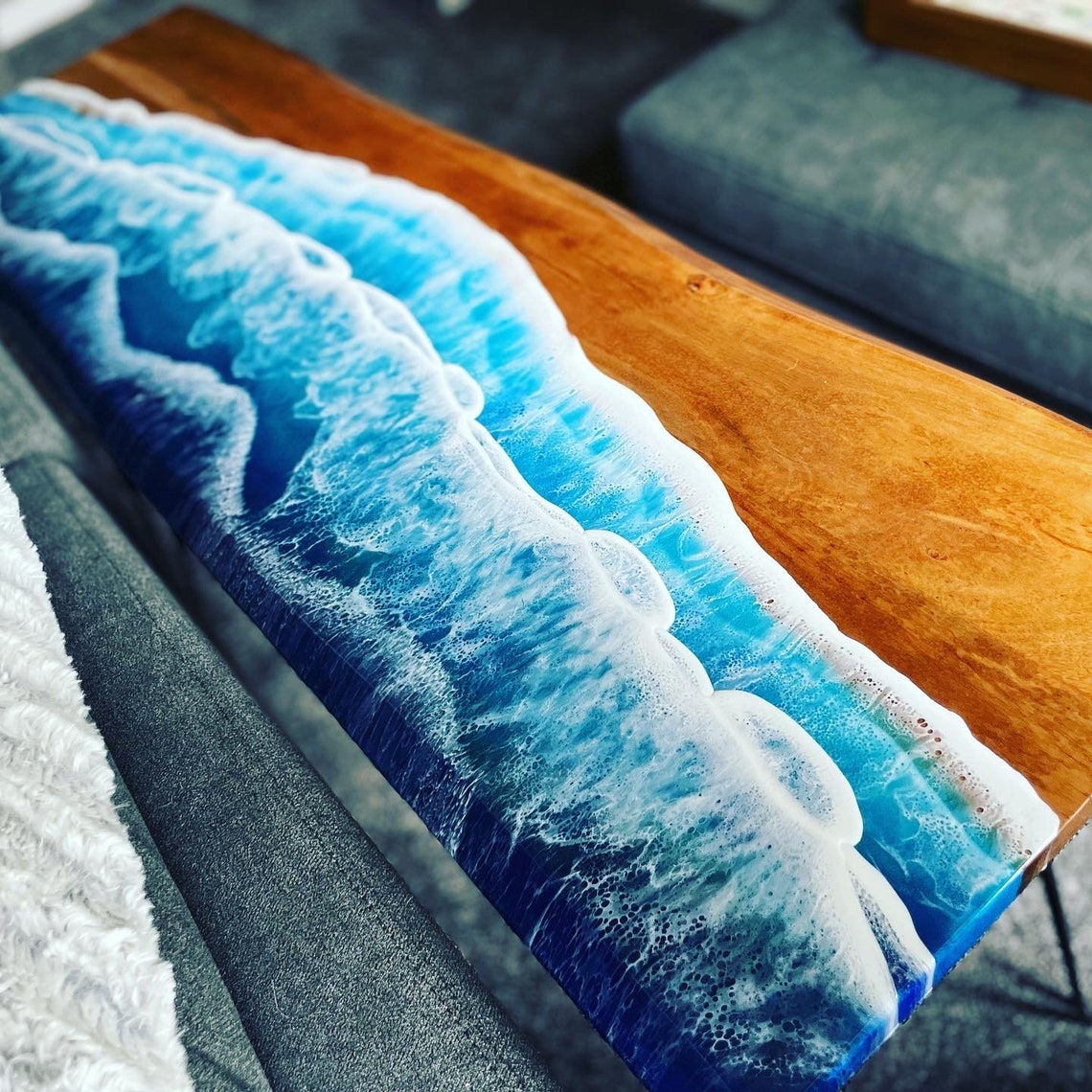 Epoxy Resin Ocean Waves Live Edge Coffee Table Bench Entryway Table ...