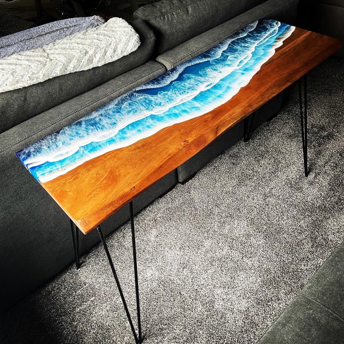 Epoxy Resin Ocean Waves Live Edge Coffee Table Bench Entryway Table ...