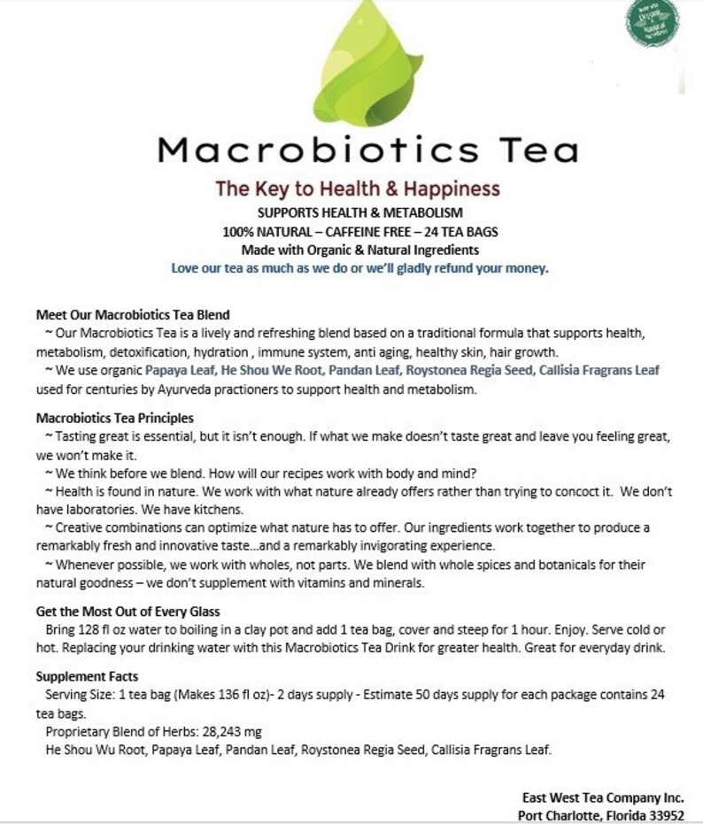 Macrobiotics Tea - SUPPORTS HEALTH & METABOLISM -the Key to Health and ...