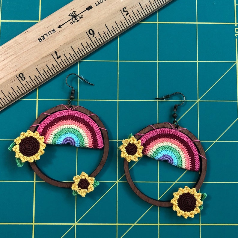 Rainbow Flower Crochet 2" Wood Hoop Earrings - Etsy