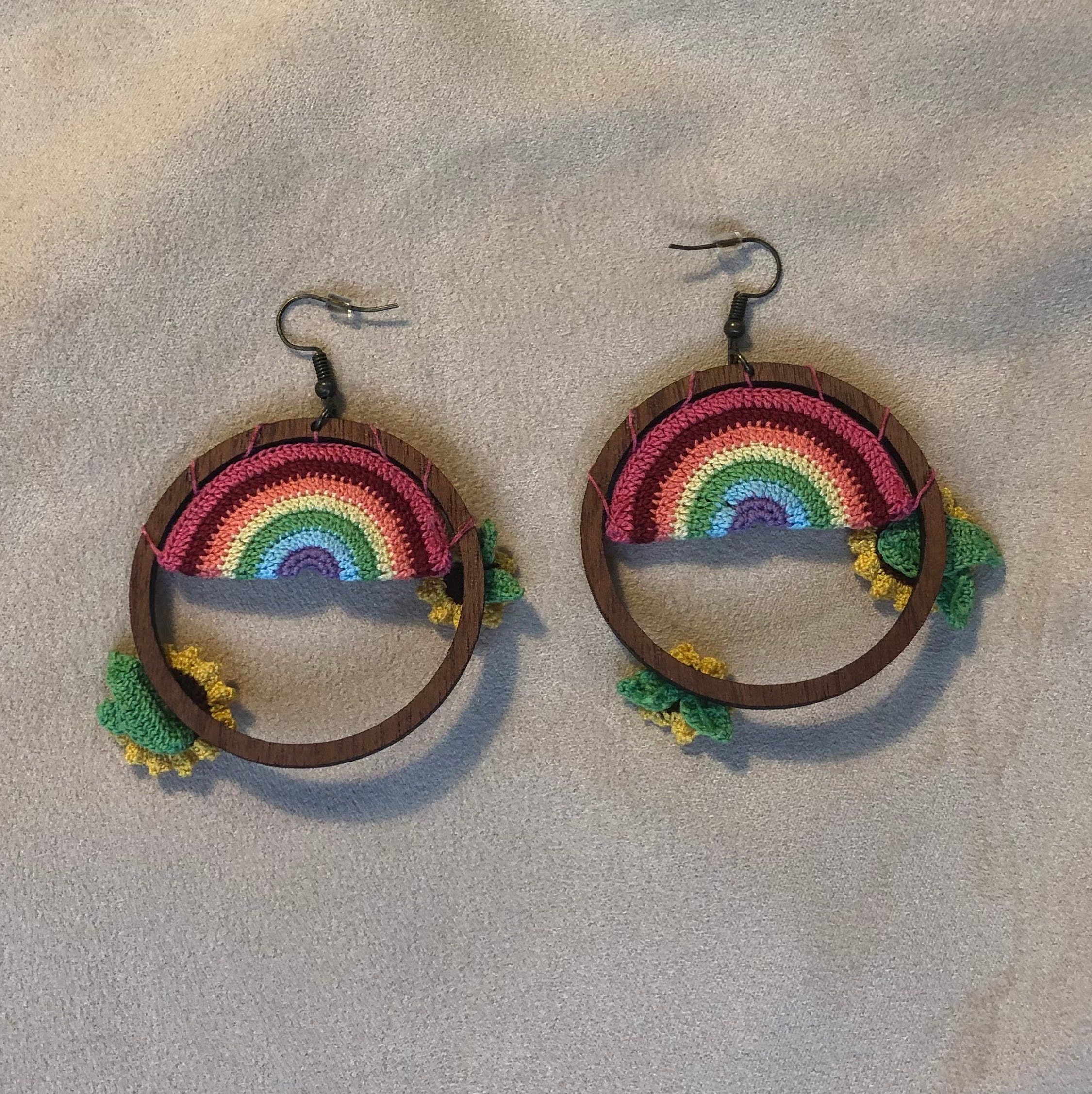 Rainbow Flower Crochet 2" Wood Hoop Earrings - Etsy