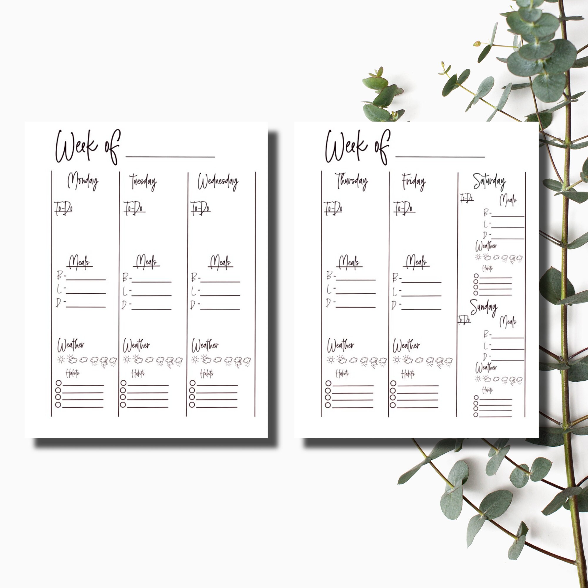 Simple Undated Weekly Calendar Spread Weekly Layout With Meal - Etsy ...