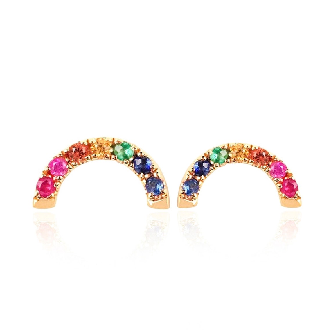 14 K Solid Gold Rainbow Sapphire Emerald Ruby Gemstone Stud / Pave ...