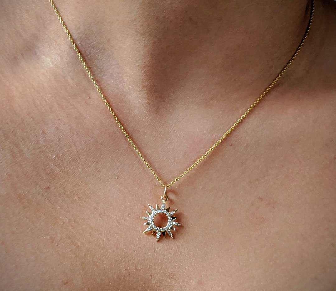 14k Solid Gold Sun Design Pave' Diamonds / Sunburst Diamond Pendant ...