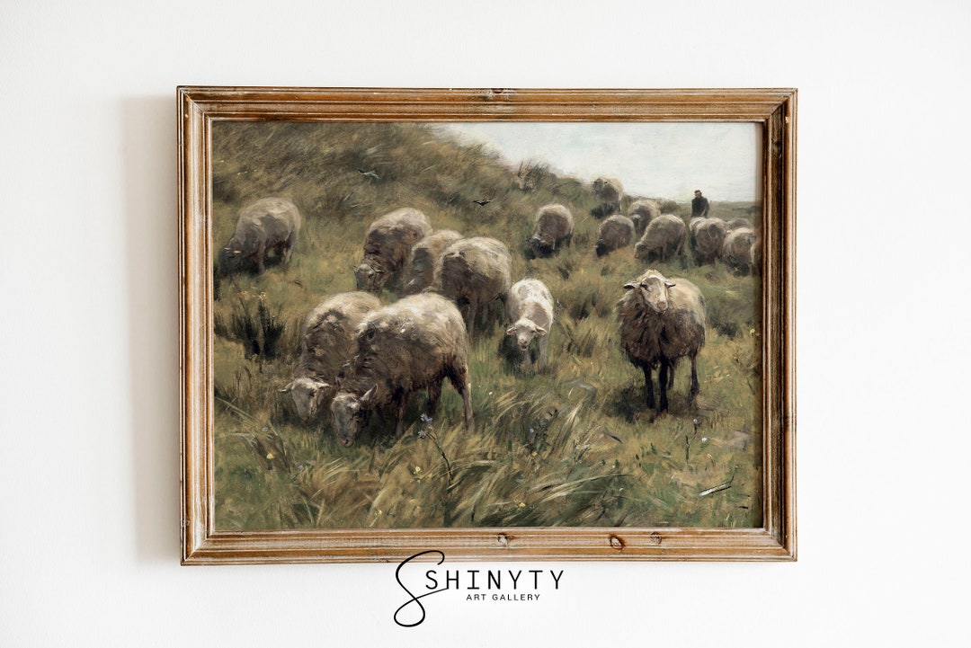 Vintage Sheep Painting, Country Landscape Print, Countryside Antique ...