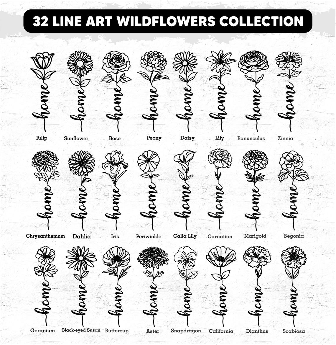 32 Line Art Home Wildflowers Bundle Svg Pdf Dxf - Wildflower Ornaments ...