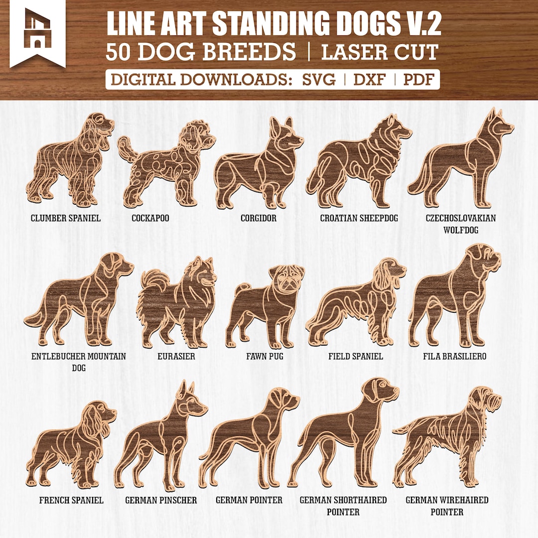 50 Dog Breeds Line Art Standing Pose SVG Bundle - Laser Cut Dog ...