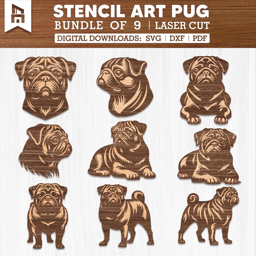 9 Stencil Art Pug Dog Bundle Svg Dxf Pdf - Dog Ornaments, Dog Laser Cut ...
