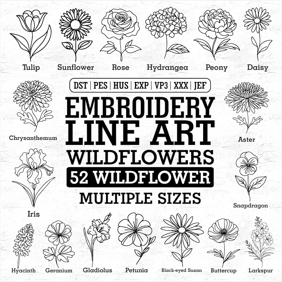 52 Wildflower Embroidery Designs, Line Art Floral Embroidery, Dst Pes ...