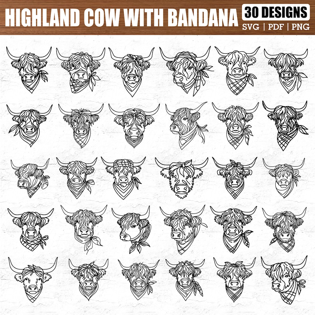 Highland Cow With Bandana SVG Bundle of 30 Farm Animal Designs for ...