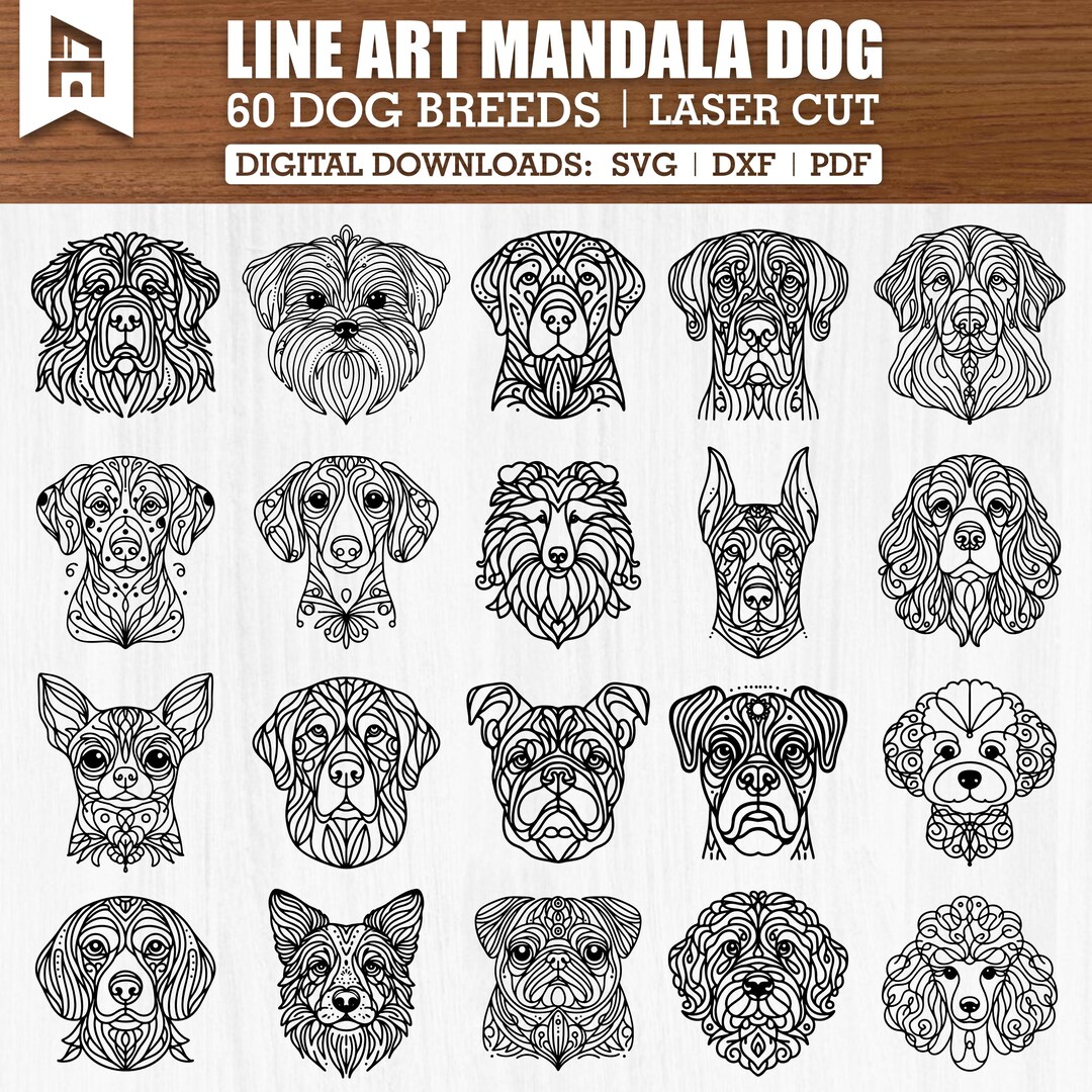 60 Dog Breeds Mandala SVG Bundle for Laser Cut, Intricate Dog Head Line ...