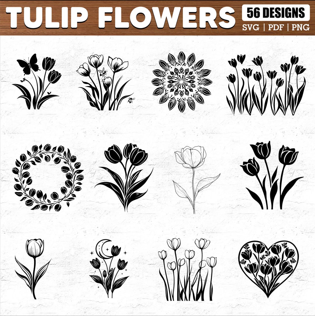 56 Tulip Flower SVG Bundle, Floral Clipart Silhouette, Tulip Wreath SVG ...