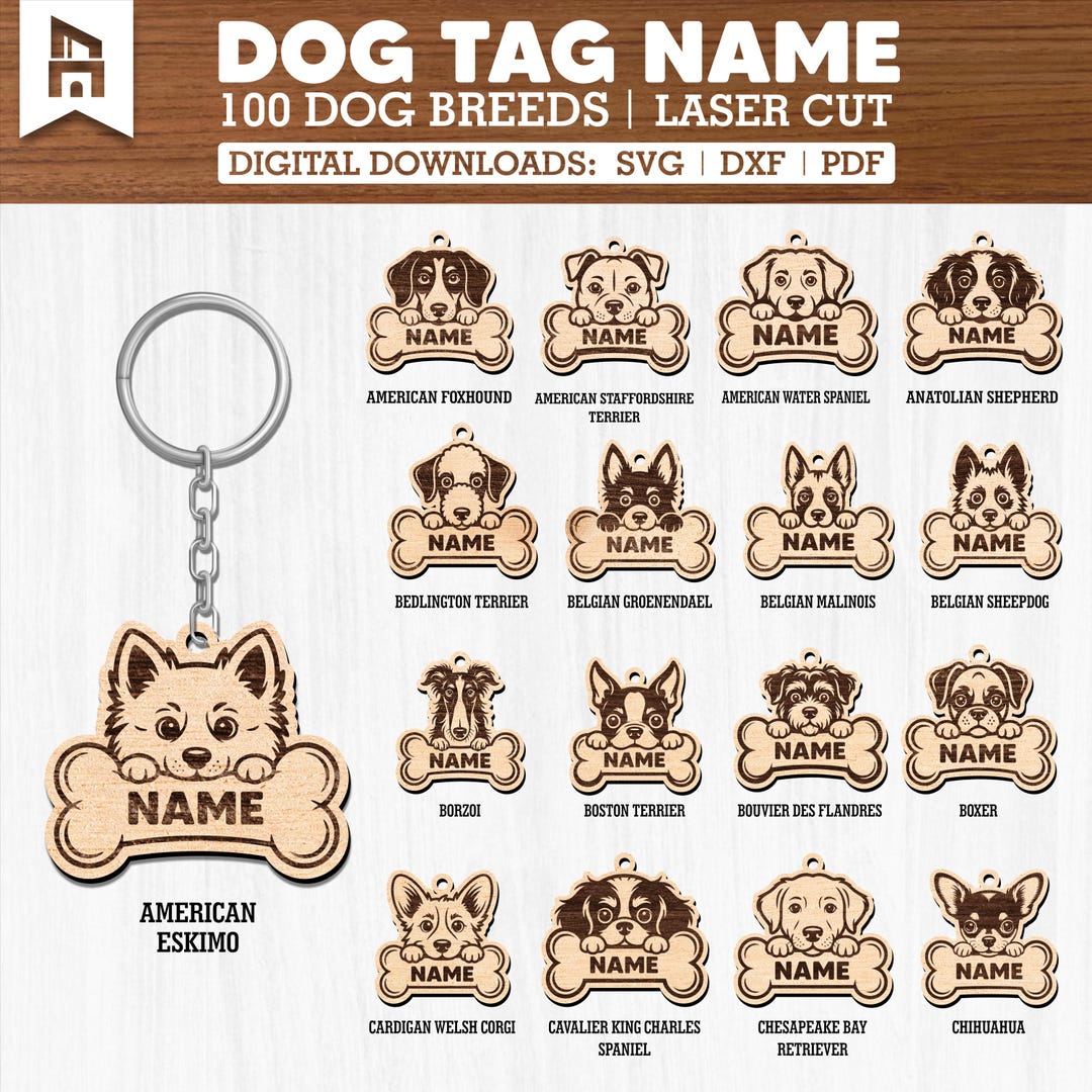 100 Dog Name Tag Keychain SVG Bundle | Laser Cut Pet Keychain Files ...