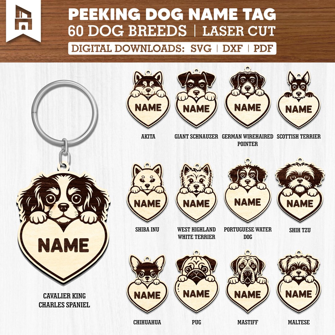 60 Breeds Customize Dog Name Tag Heart SVG Bundle | Custom Name Pet ...