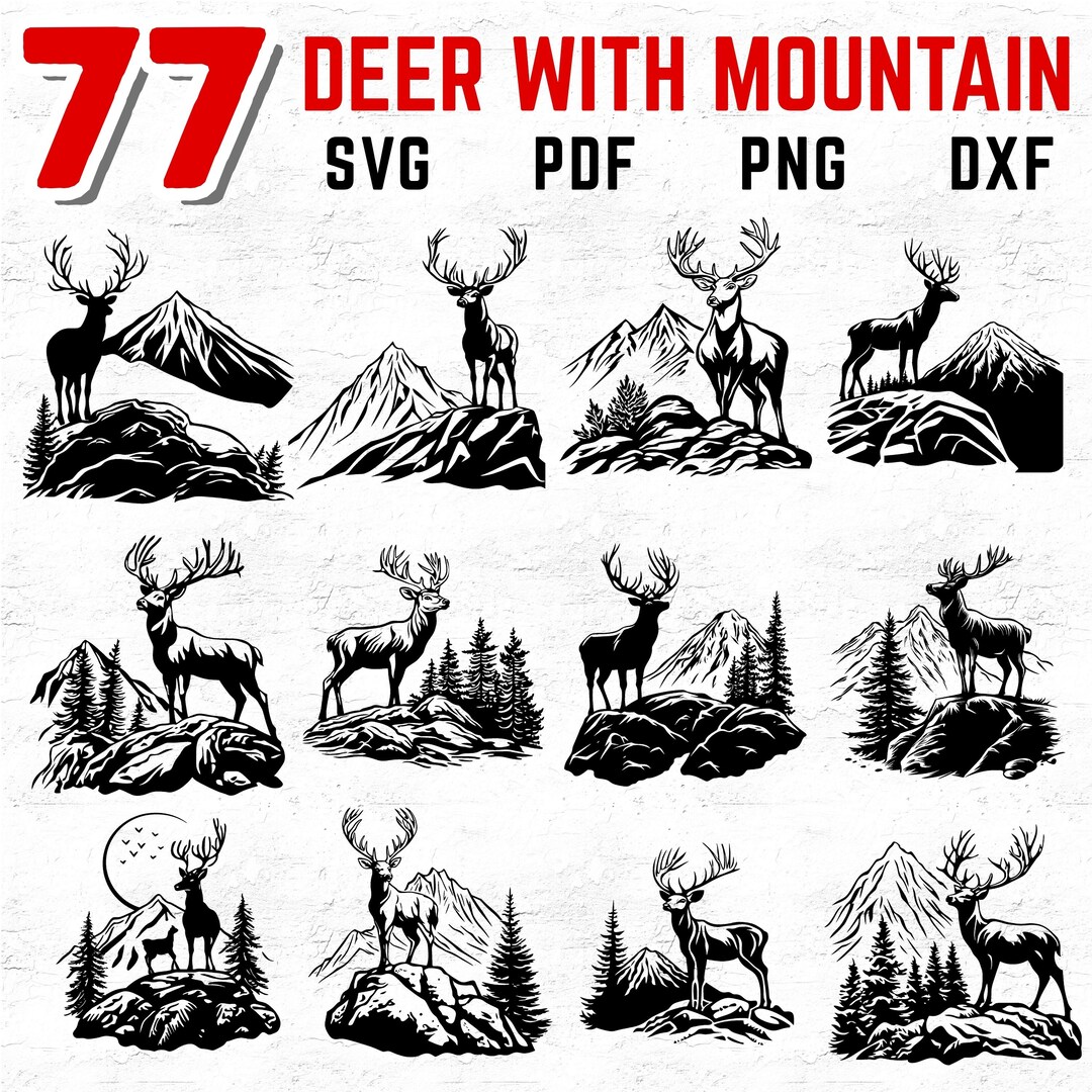 77 Deer With Mountain SVG Bundle for Cricut Crafts, Wildlife Silhouette ...